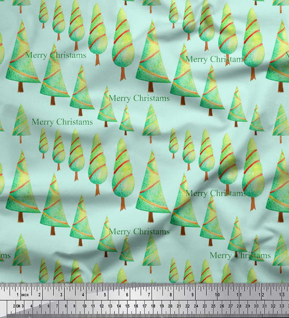 Soimoi Green Cotton Voile Fabric Text & Christmas Tree Print Sewing ...