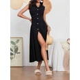 Black Sleeveless Collared Button-Front A-Line Midi Dress With Side Slit ...