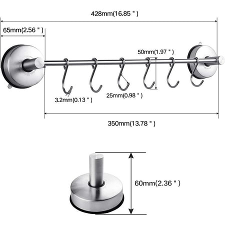Suction Cup Kitchen Rail with 6 Utensil Sliding Hooks Drill Free ...