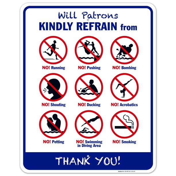 Pool Rules Sign, No Running No Pushing No Smoking, - Walmart.com