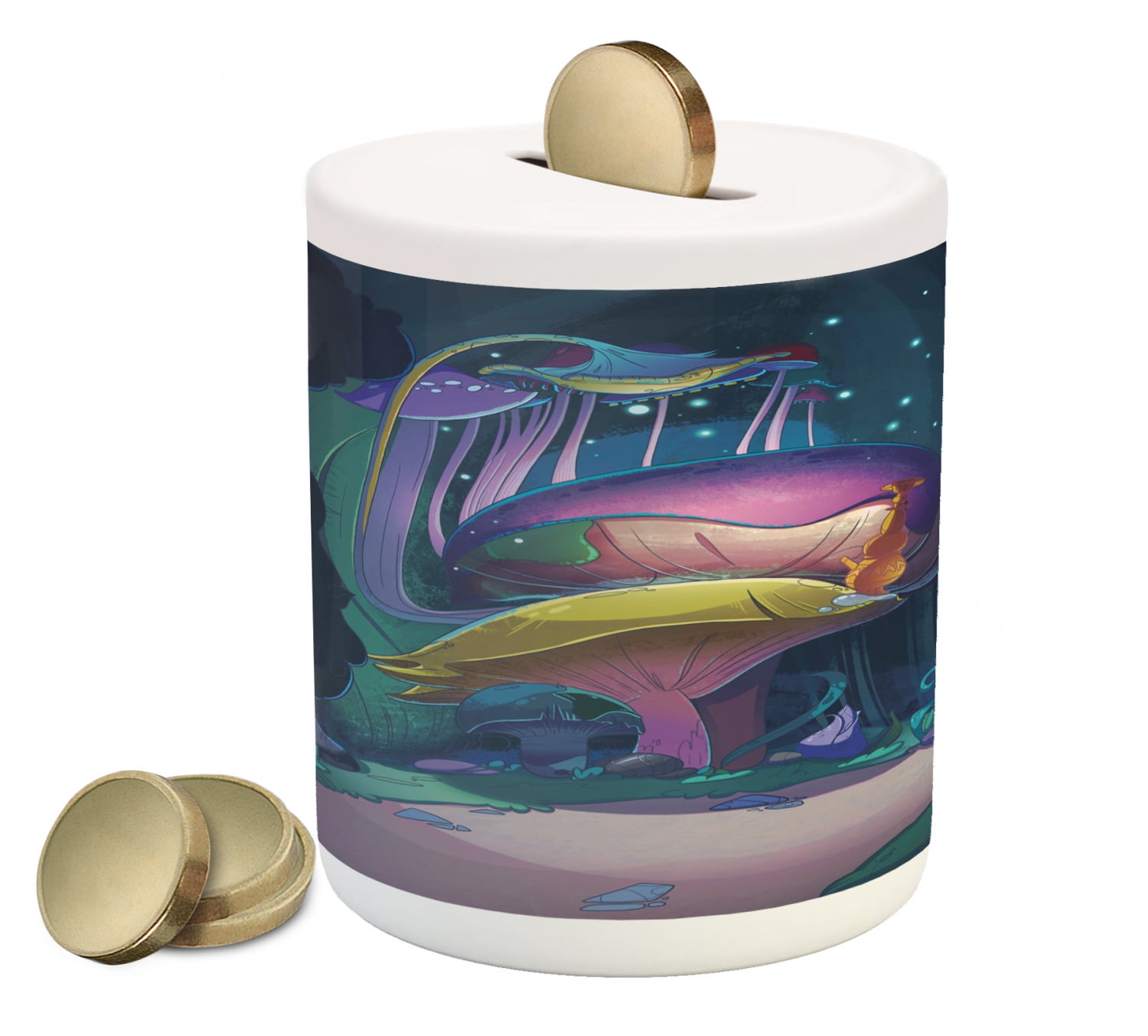 Mushroom Piggy Bank, Big Plant in Forest at Midnight Book Design ...