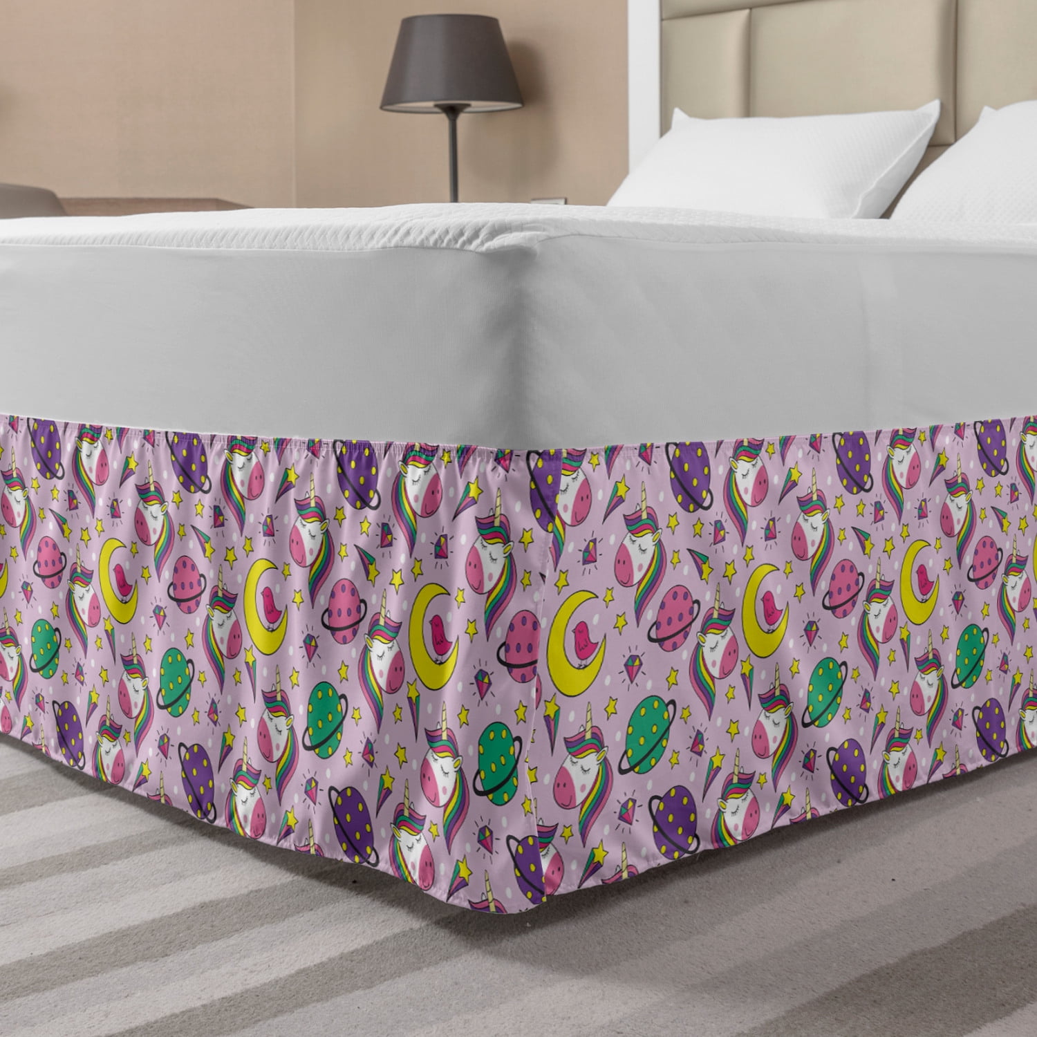 Childish Bed Skirt, Unicorn Planets Moon Shooting Stars Clouds Fairy ...