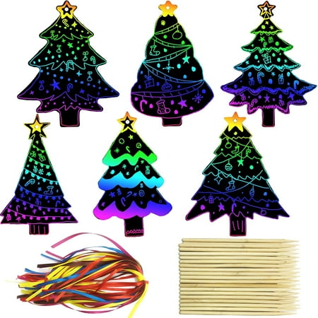 72Pcs Christmas Tree Scratch Paper Rainbow Color Scratch Ornaments ...