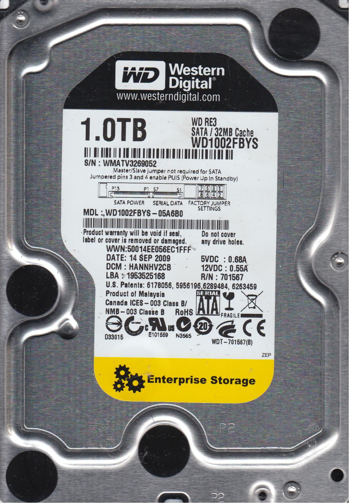 WD1002FBYS-05A6B0, DCM HANNHV2CB, Western Digital 1TB SATA 3.5 Hard ...