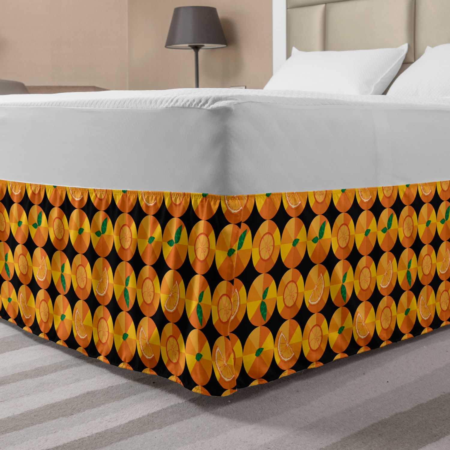 Orange Bed Skirt, Tangerine Tones Citrus Rhythmic Pattern, Elastic ...