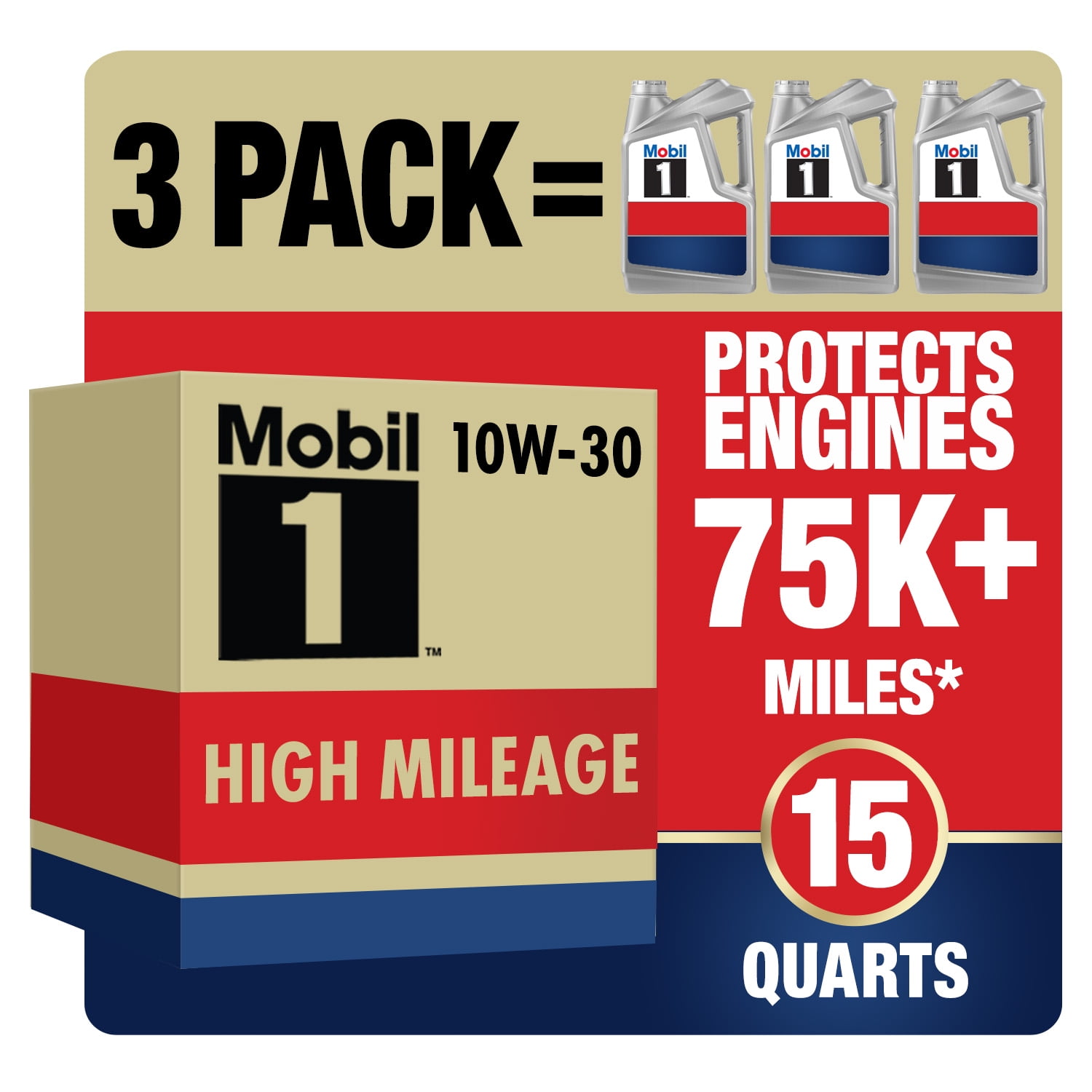 Mobil 1 High Mileage Full Synthetic Motor Oil 10W-30, 5 qt (3 Pack ...