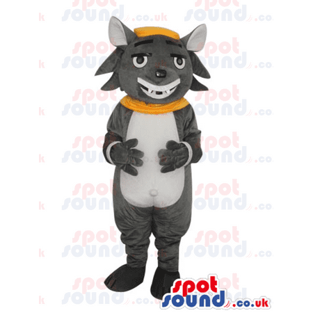 Cartoon Grey Cat SPOTSOUND Mascot Wearing A Yellow Collar And Cap ...