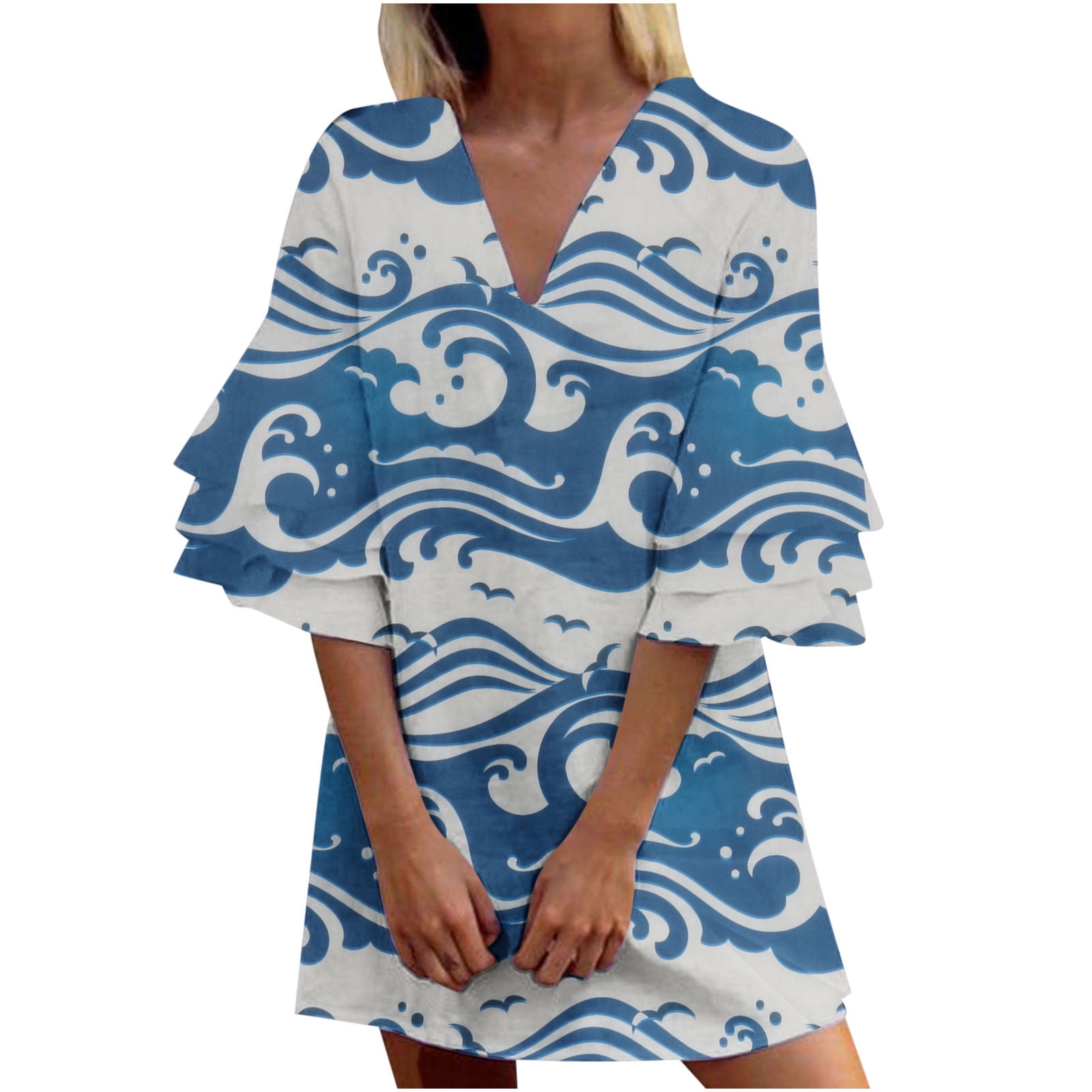 Women Boho Floral Print Dress Bell Half Sleeve V Neck Loose Mini