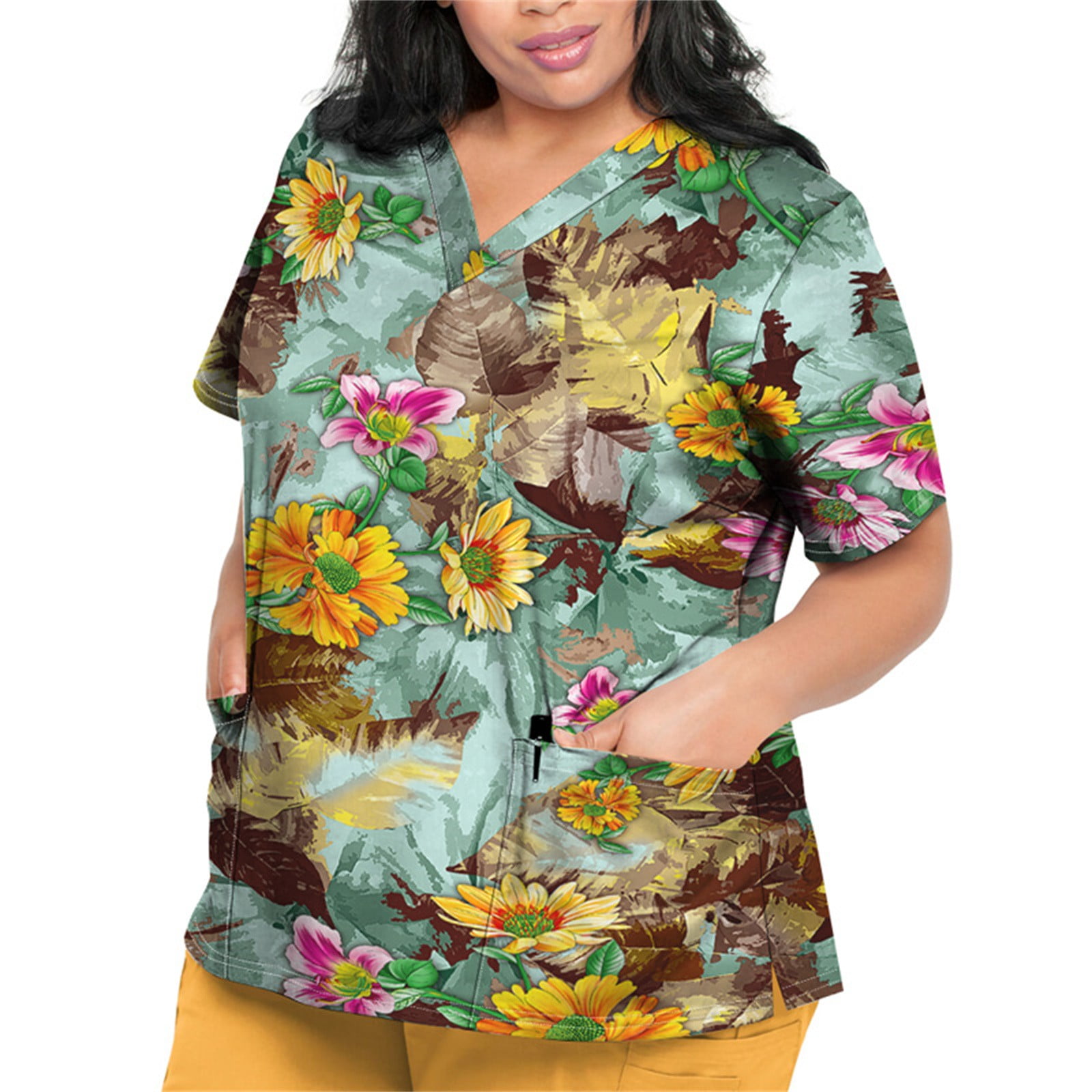 EHTMSAK Nurse Toppers Floral with Pocket Summer Nurse Short Sleeve V ...