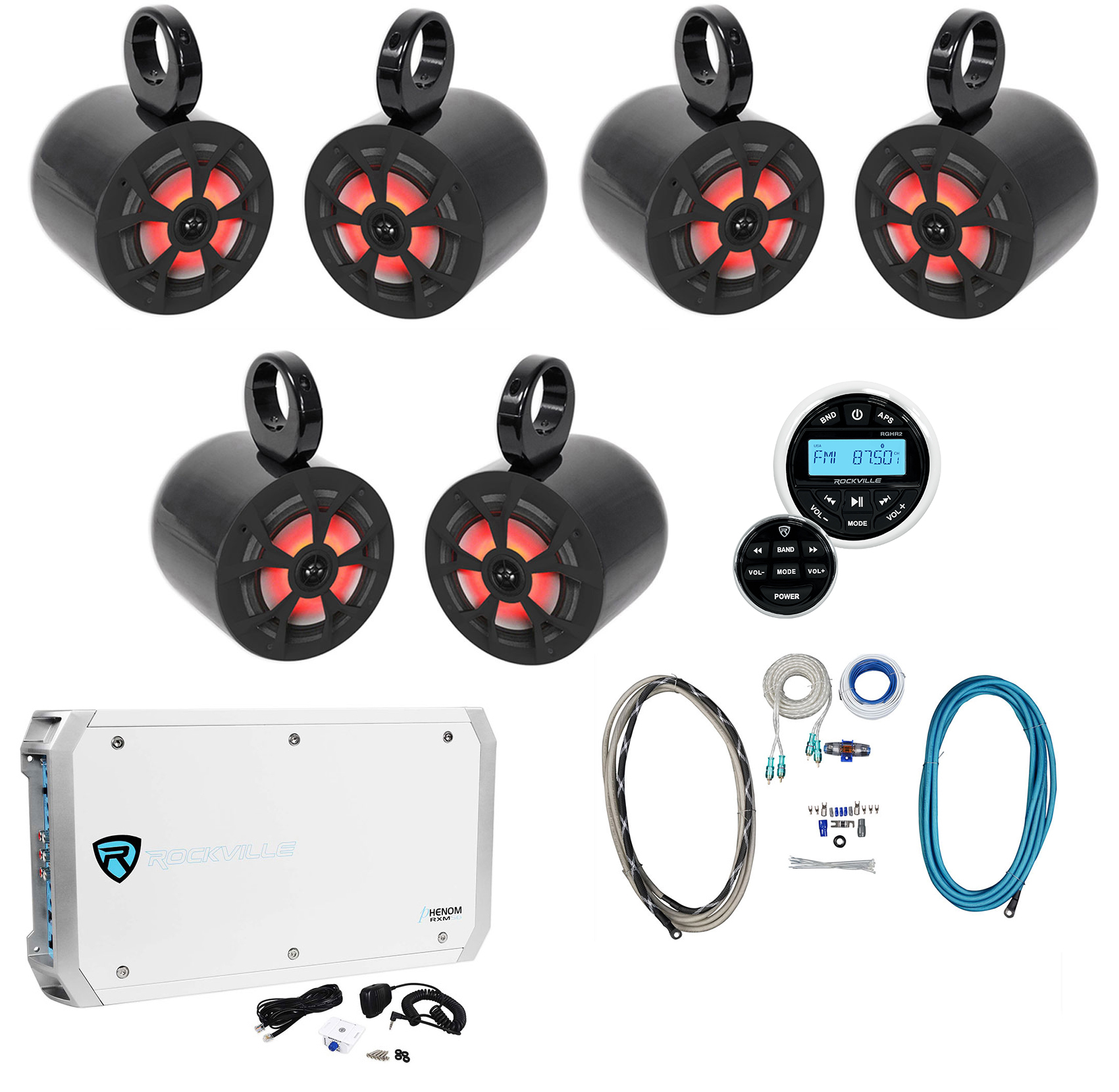 (6) Rockville 6.5" 700w Marine Wakeboard LED Speakers+Receiver ...