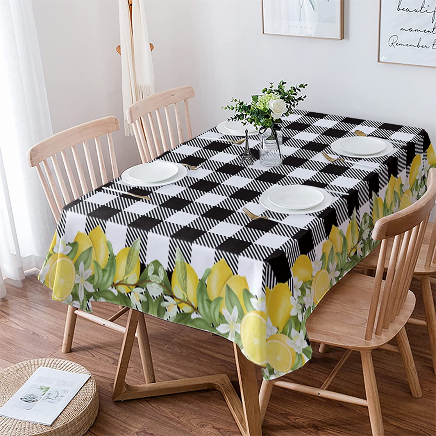 Summer Lemon Tablecloth Rectangle/Oval Black and White Buffalo Plaid ...