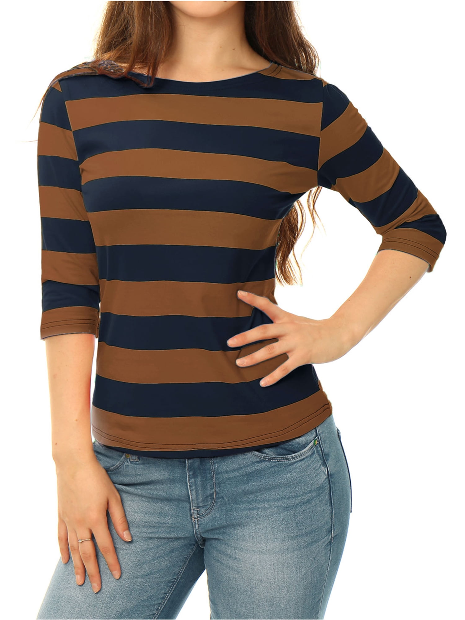 Unique Bargains Womens Boat Neck Elbow Sleeves Stripes Tee Shirt