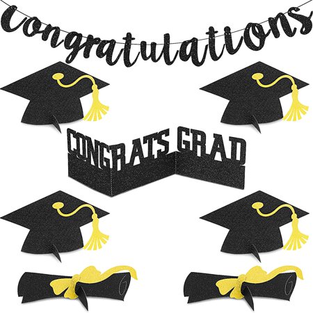 8 Pieces Black Glitter Congratulations Banner Congrats Grad Accordion ...