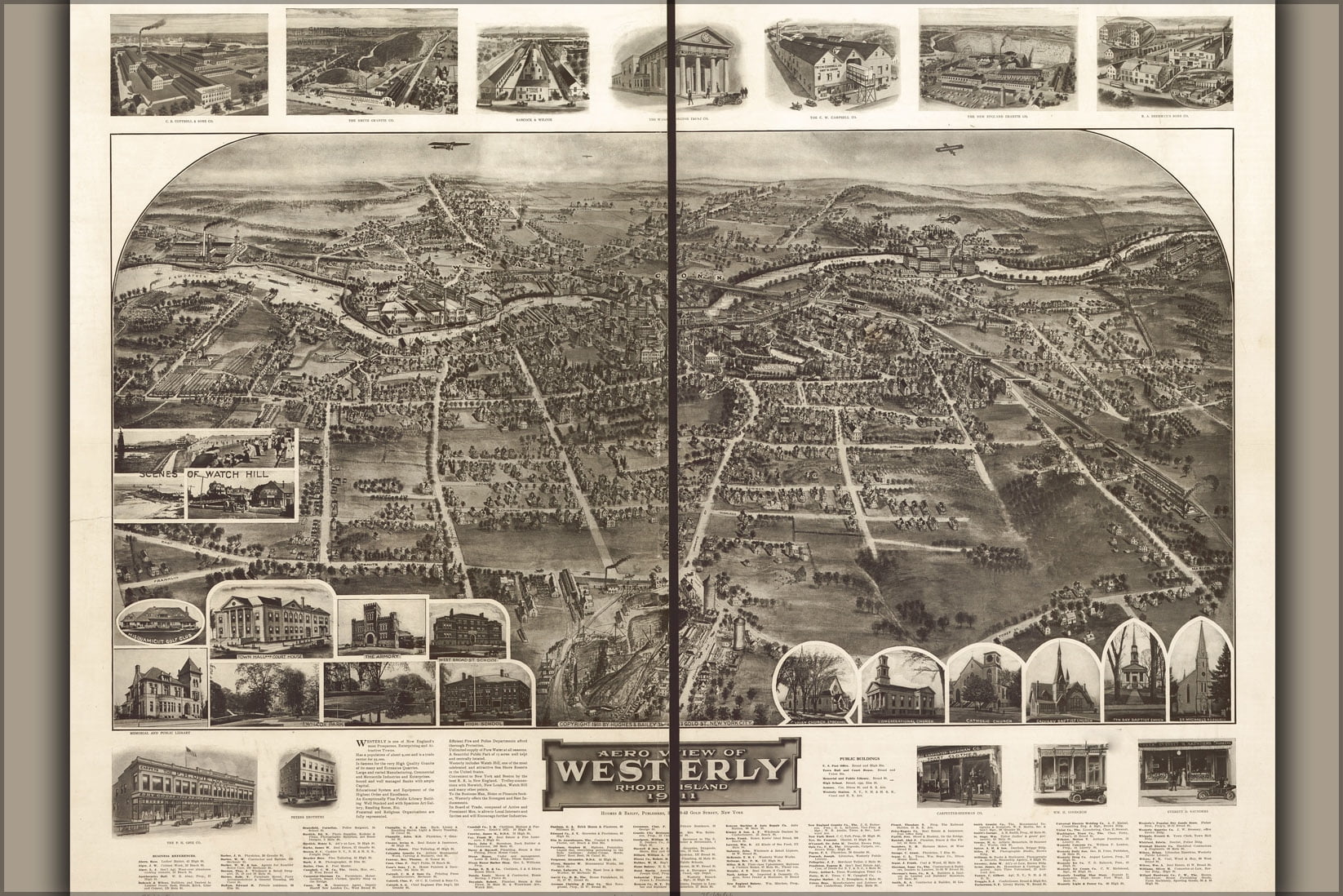 24"x36" Gallery Poster, Aero view map of Westerly, Rhode Island 1911 ...