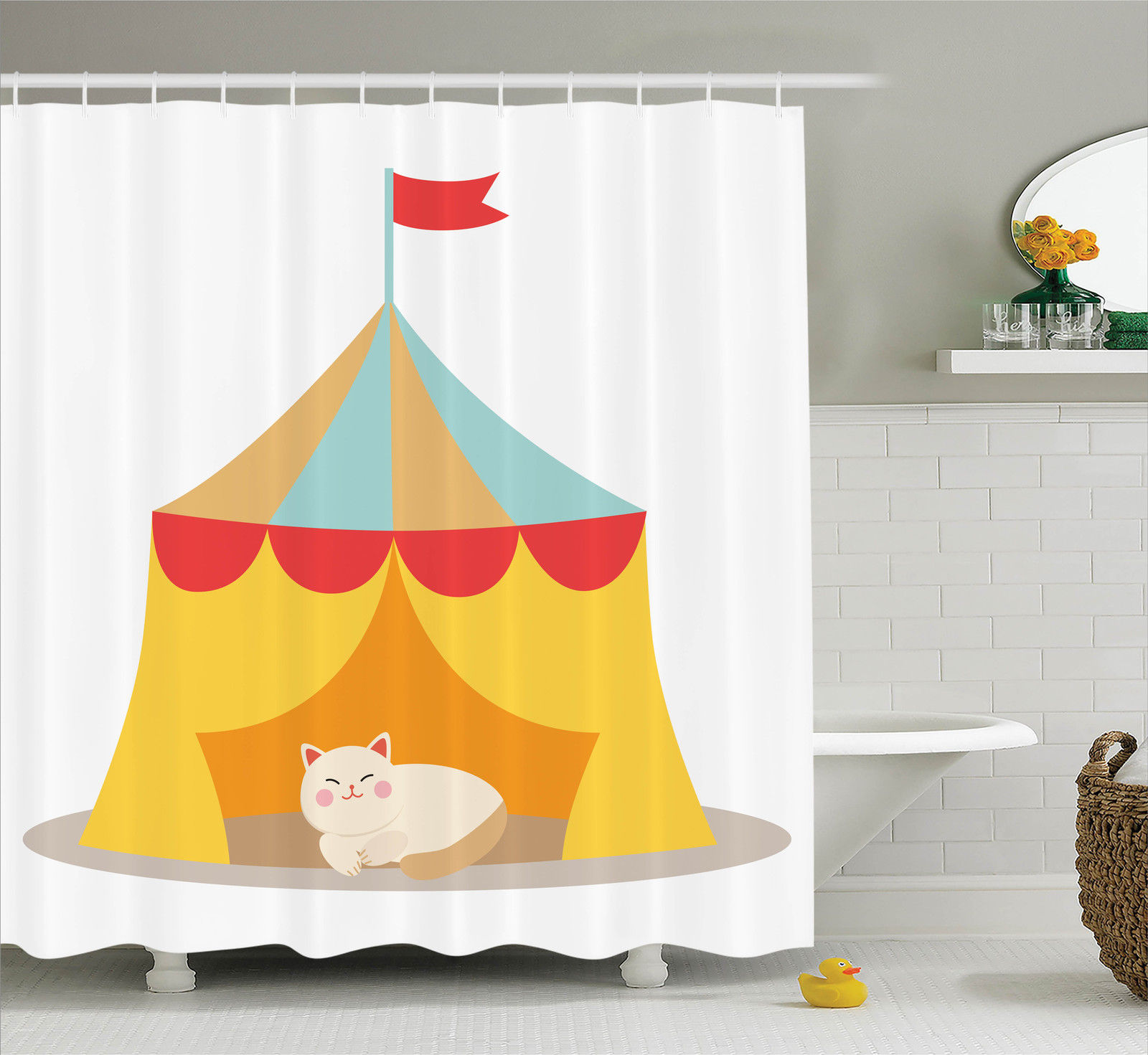 Circus Decor Shower Curtain Set Cute Furry Cat Kitten In A Circus Tent