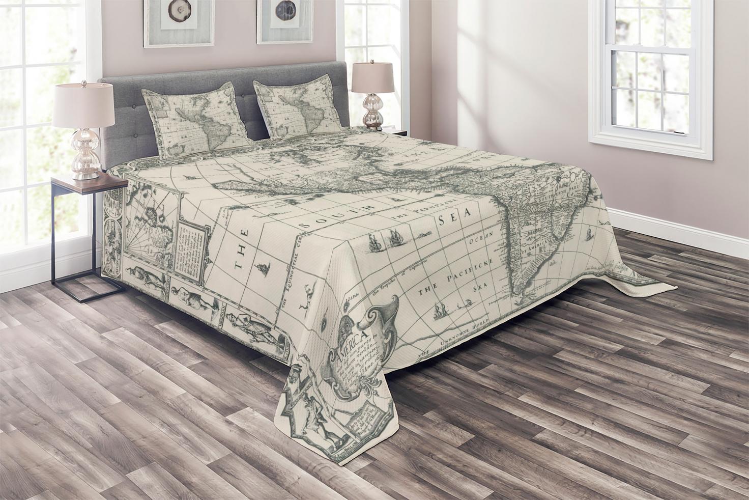 World Map Coverlet Set Queen Size, Antique Map America in 1600s World ...