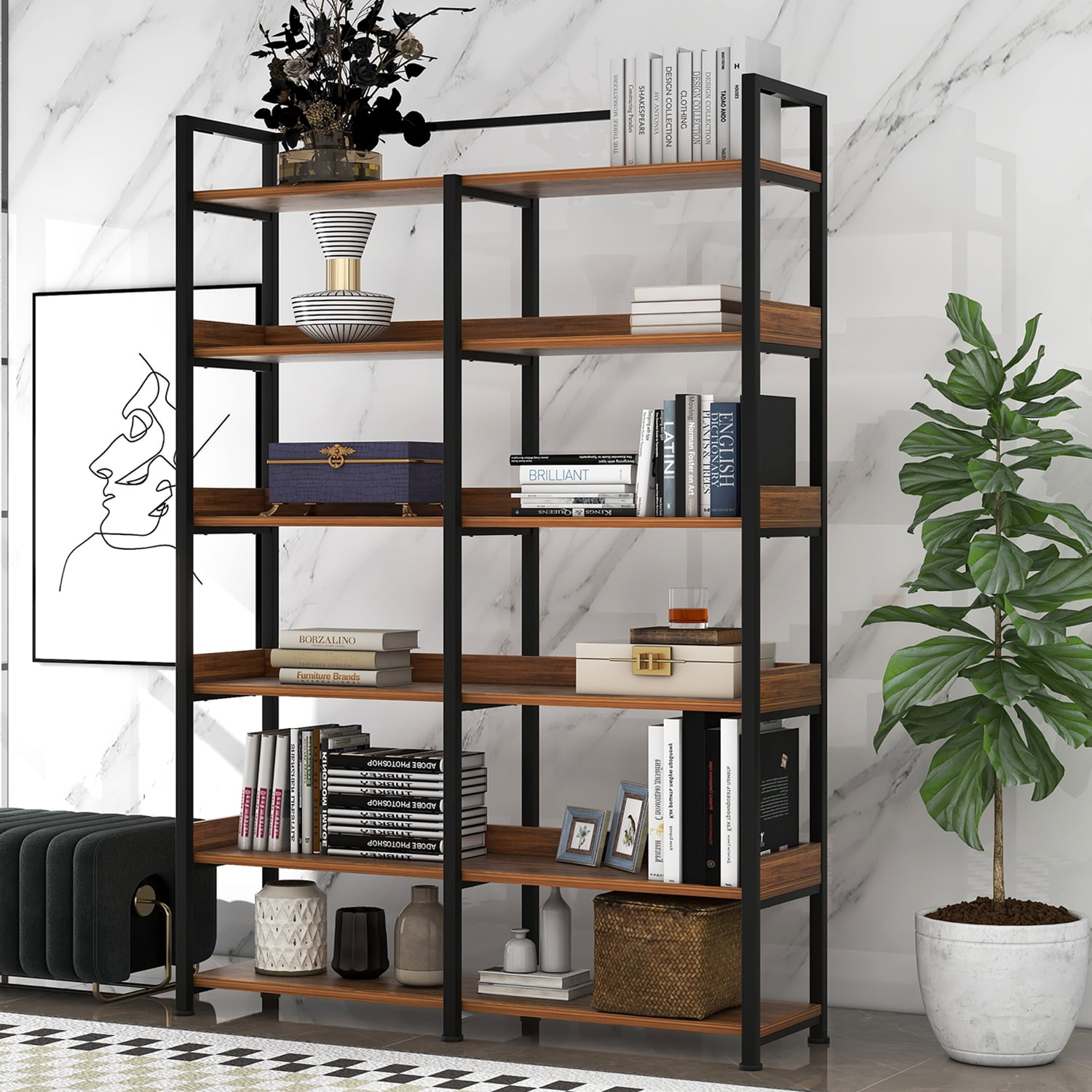 UWR-Nite 70.8" Tall Bookshelf, 6-Tier Bookcase with Back, Side Panel ...