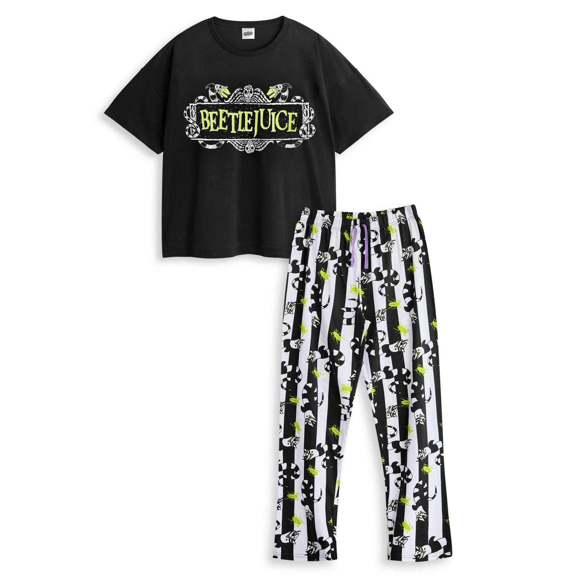 Beetlejuice Womens Multicoloured Logo Short Sleeve Long Leg Pyjama Set (Large)