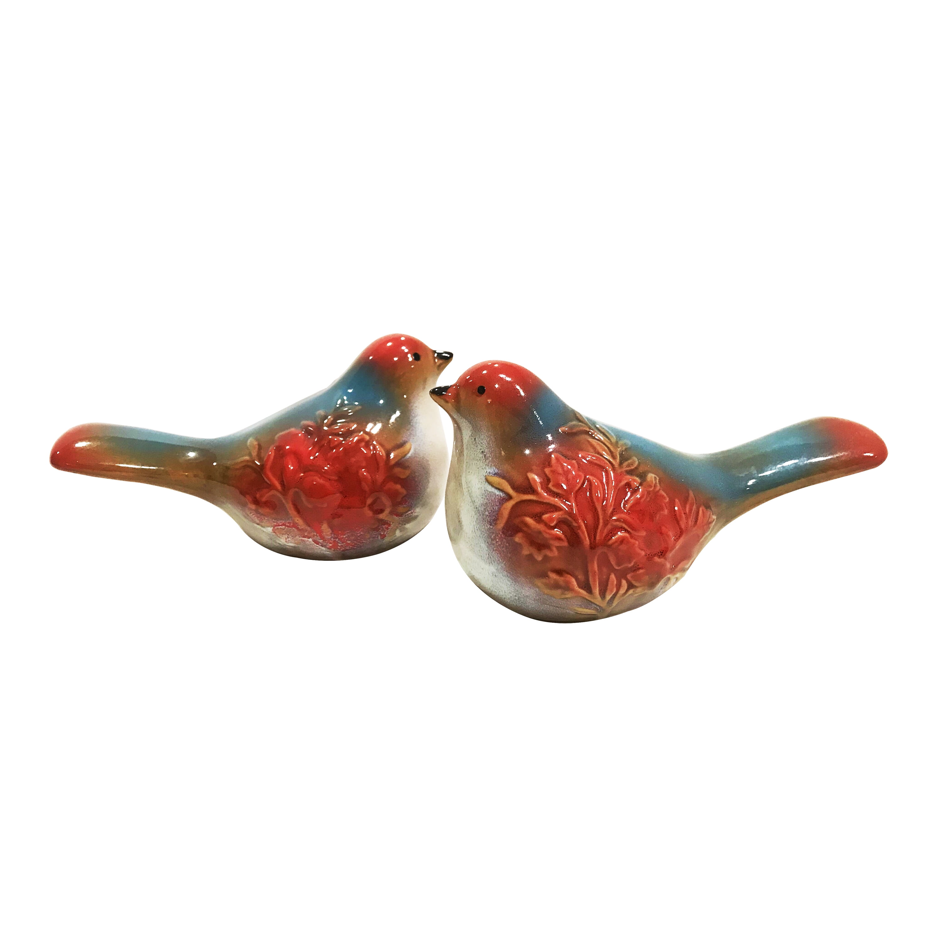 Set of 2 Ceramic Flower Embellished Multi-colored Bird Figurines, Red ...