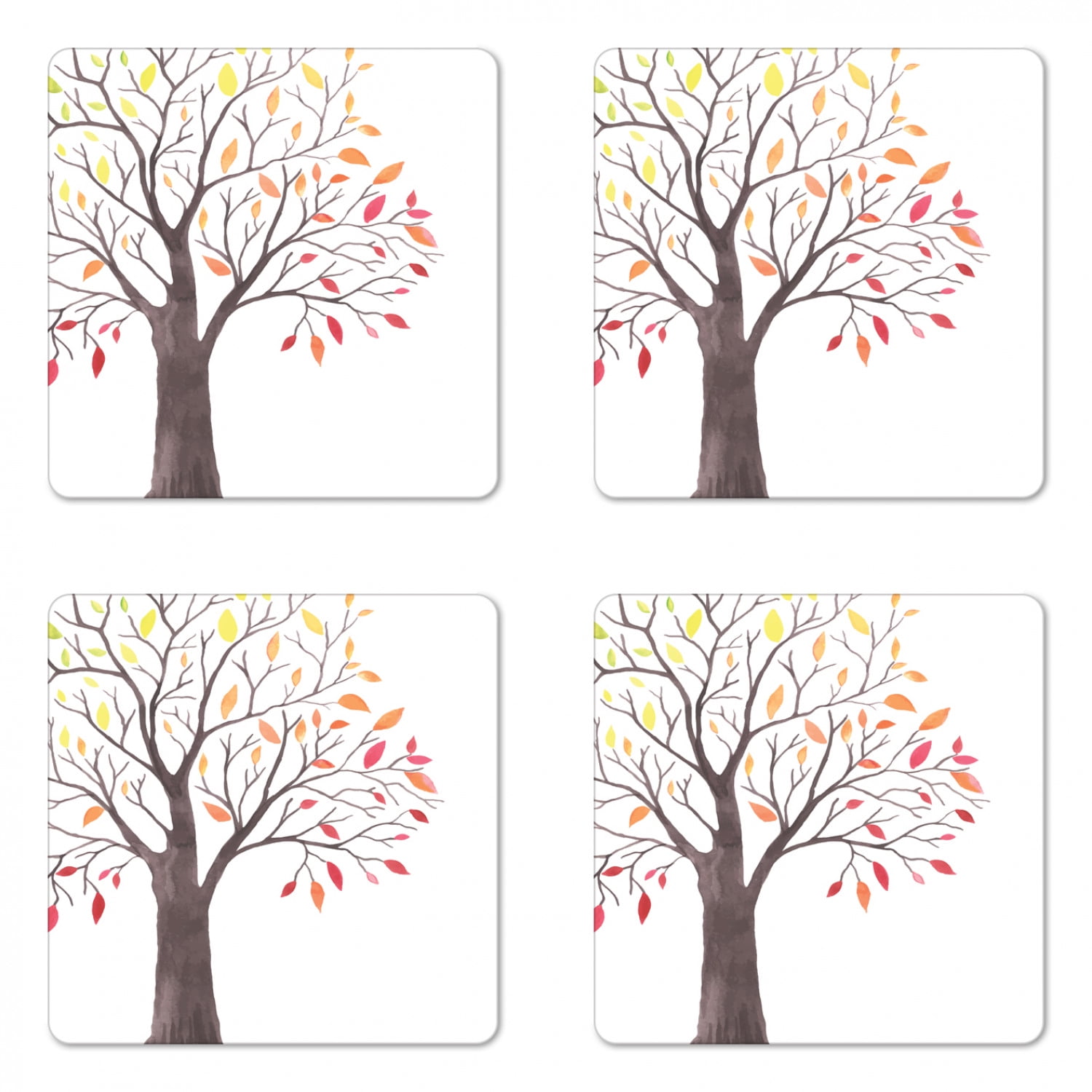 Forest Coaster Set of 4, Woodland Tree Modern Structure Leaves and ...