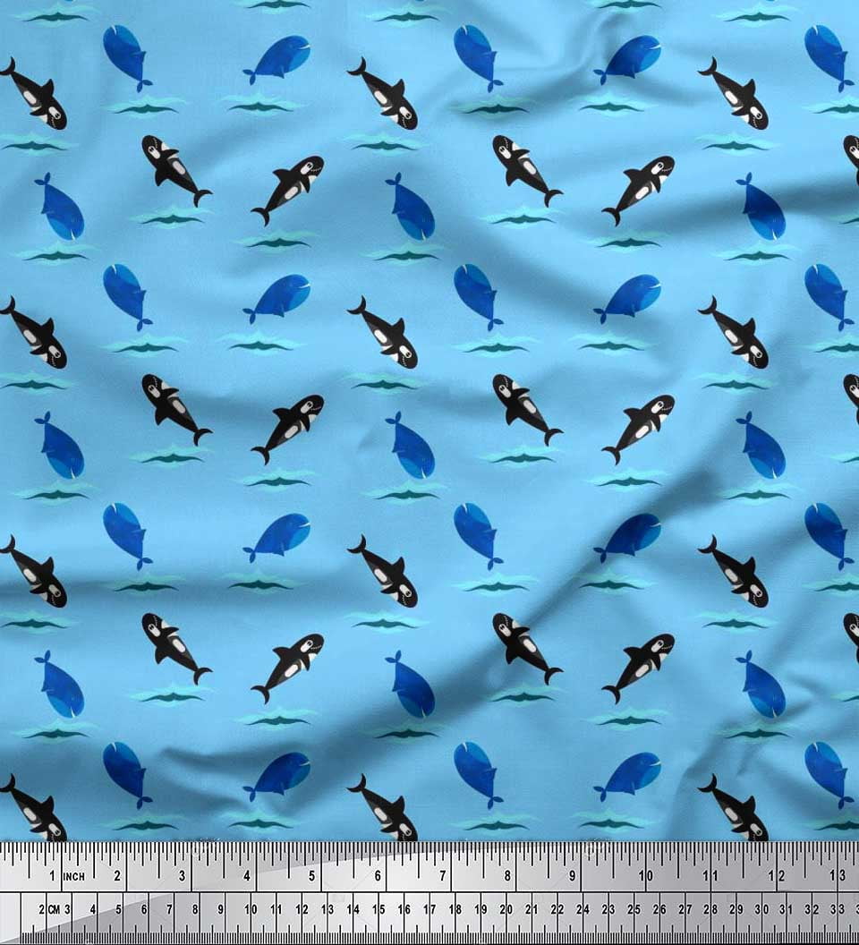 Soimoi Cotton Poplin Fabric Waves,Whale & Dolphin Ocean Print Fabric by ...