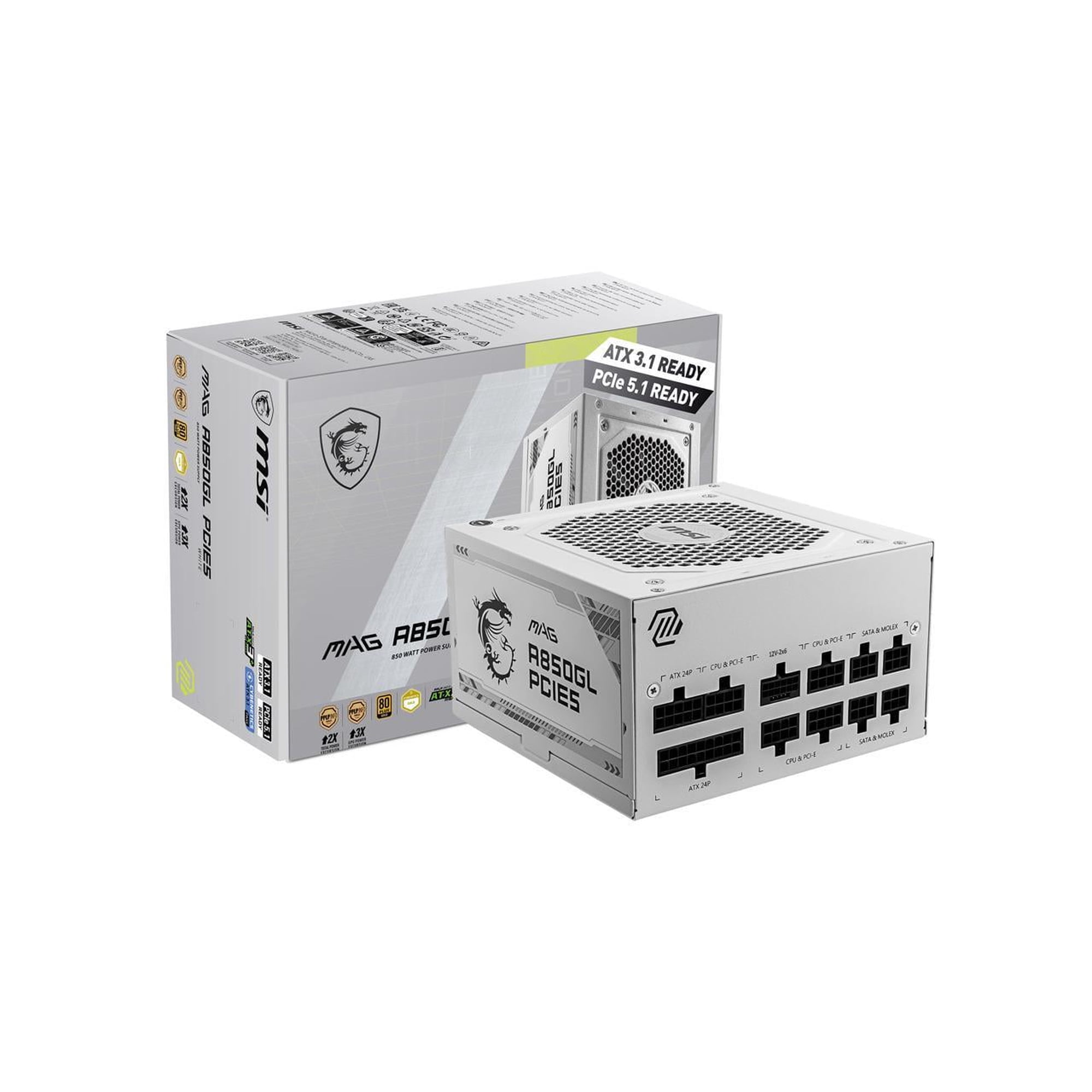 MSI MAG A850GL PCIE5 WHITE  Fully Modular Compact Gaming 850W Power Supply  80+ Gold  ATX 3.1 & PCIe 5.1 Ready  Native Dual-color 12V-2x6 cable  10.