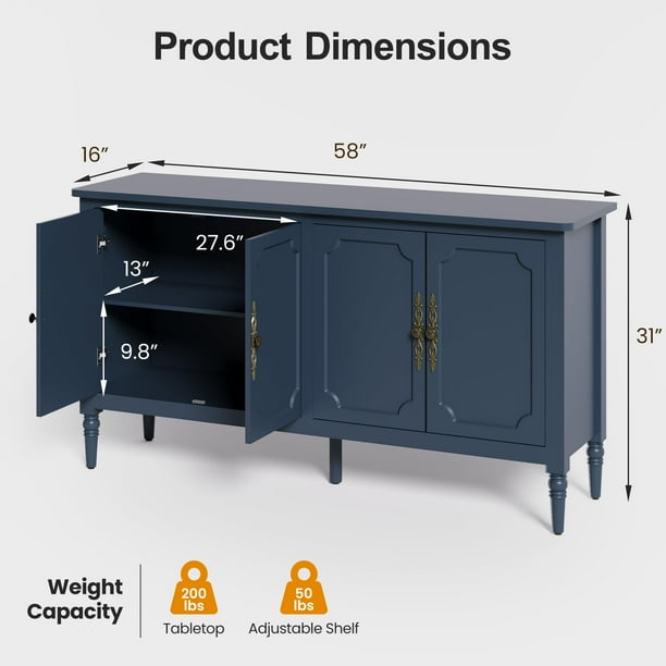 CozyHome Console Cabinet 58 Mid Century Modern Pantry Cabinet Wood Buffet Cabinet Media Cabinet with 4 Doors Accent Cabinet for Entryway Living Room Bedroom Dining Room Blue Walmart Business Supplies