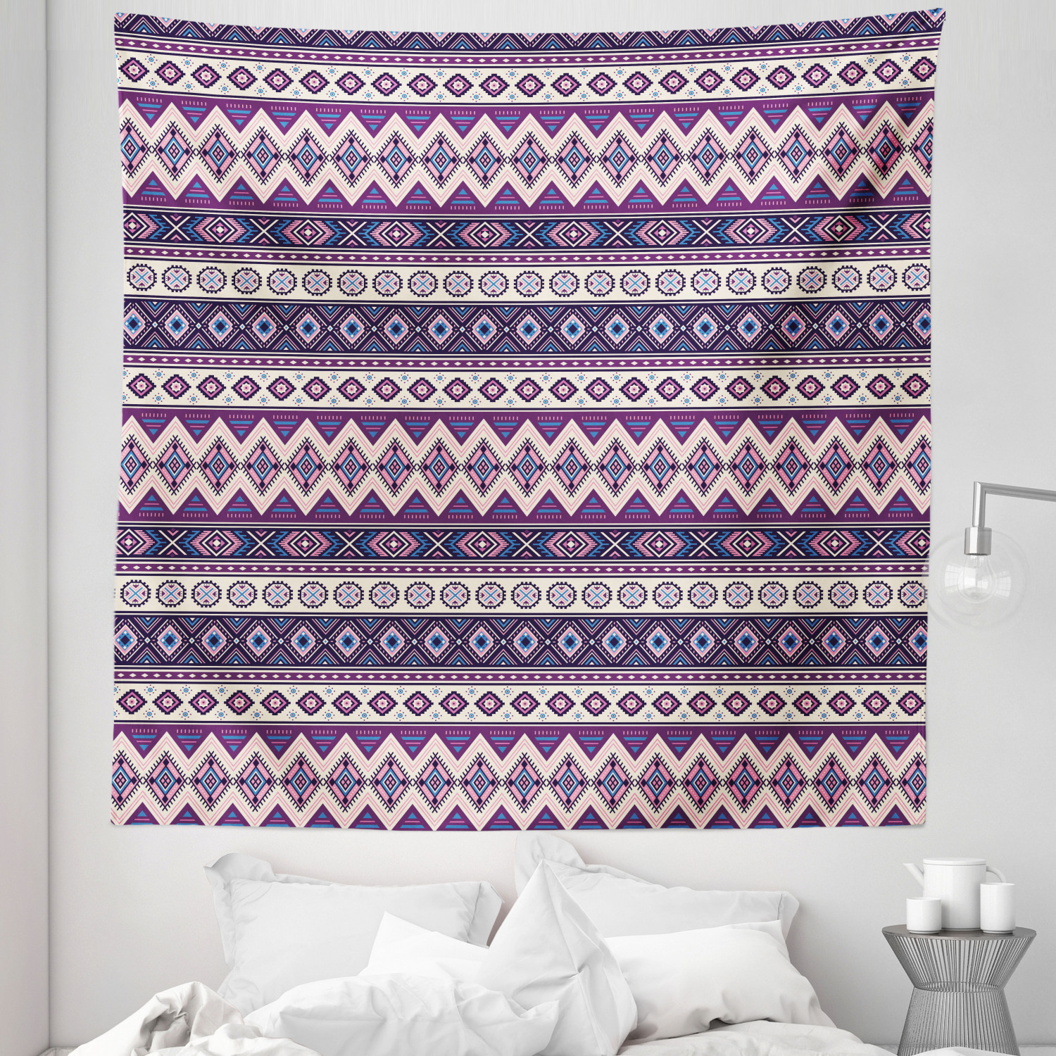 Aztec Tapestry, Art Modernized Tribal Triangles in Vivid Purple Colors ...