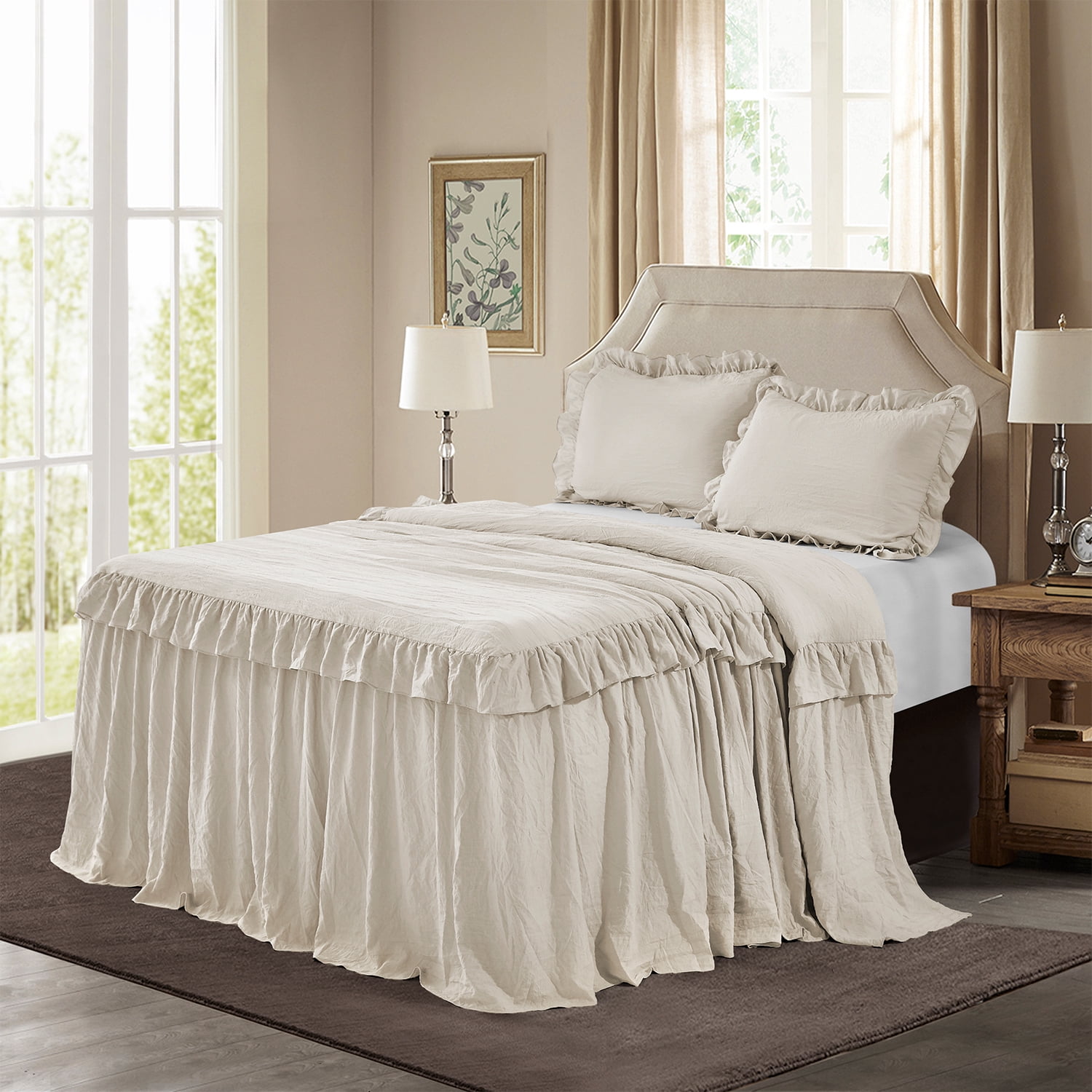 Hig 3 Piece Ruffle Skirt Bedspread Set Queen Camel Color 30 Inches Drop
