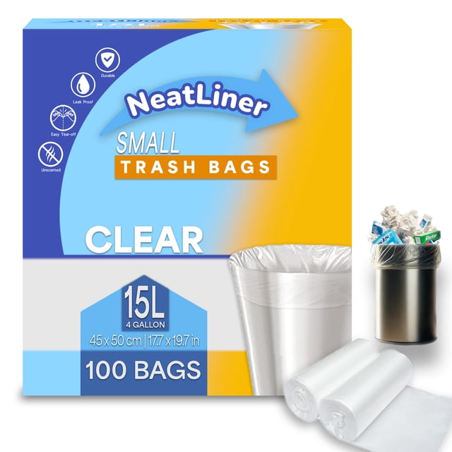 NeatLiner™ 15L Clear Small Garbage Bags – 100 Count Trash Bags for ...