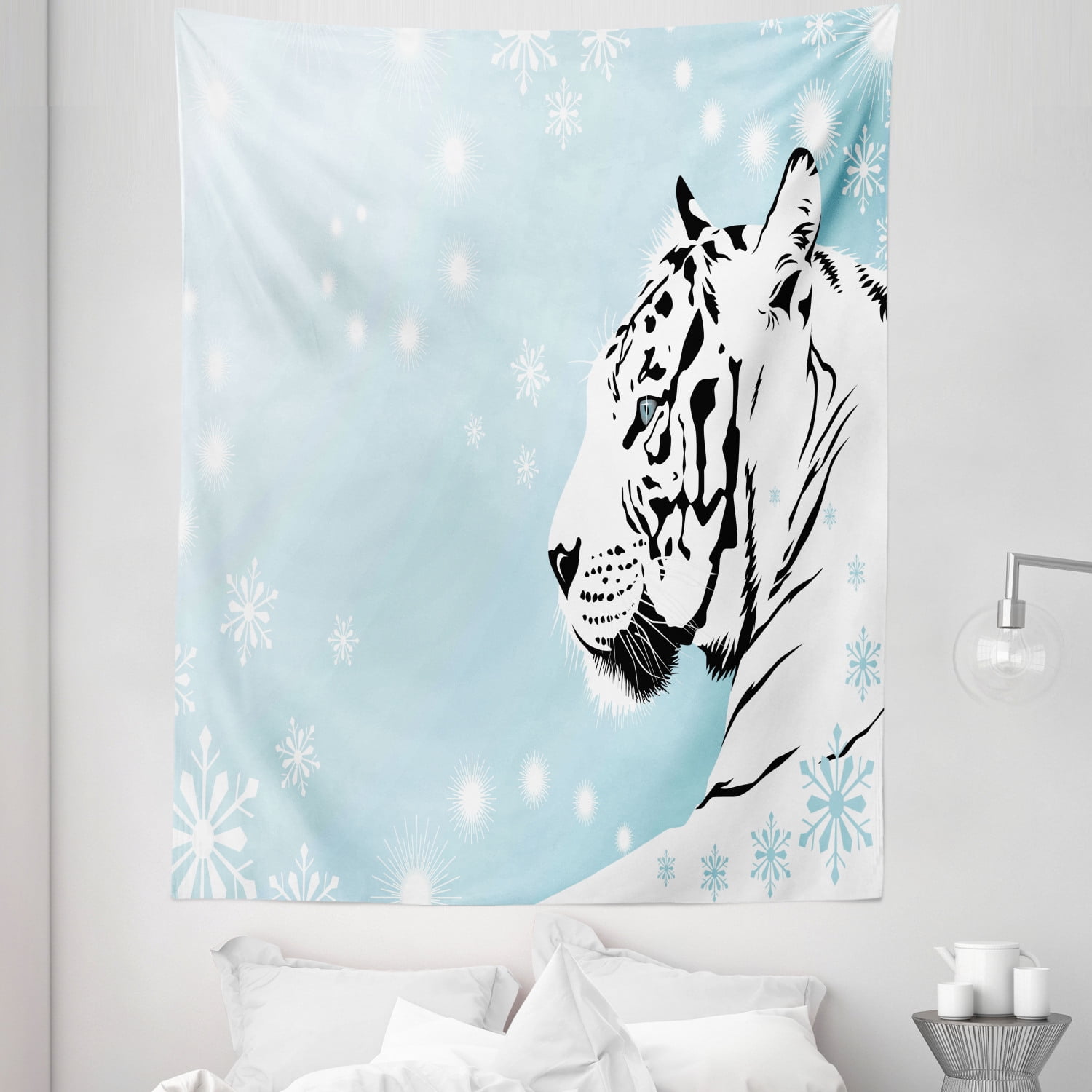 Tiger Tapestry, White Bengal Beast Lies Against Snowy Background Eyes ...