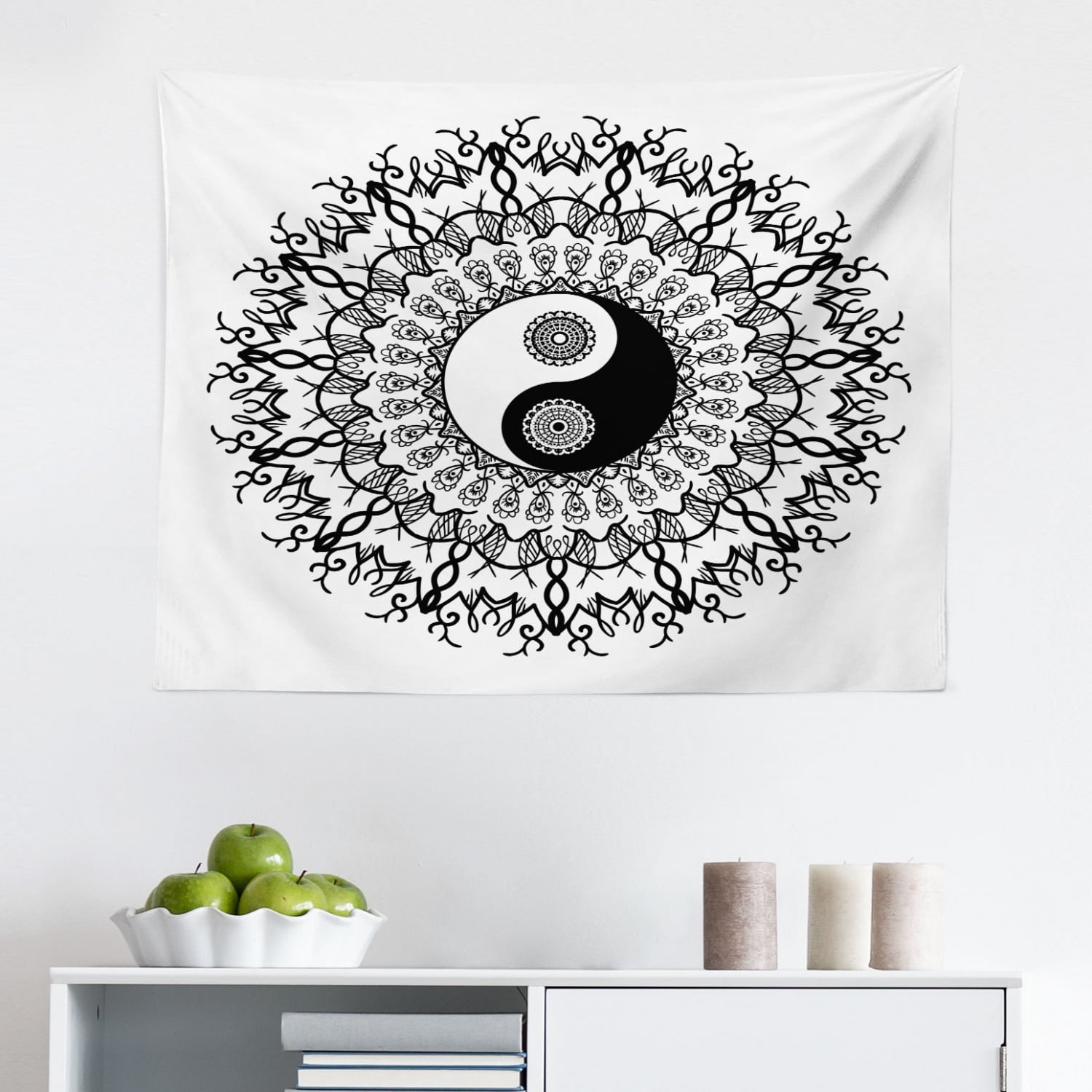 Ying Yang Tapestry, Floral Design Boho Mandala Graphic Art Yin Yang ...