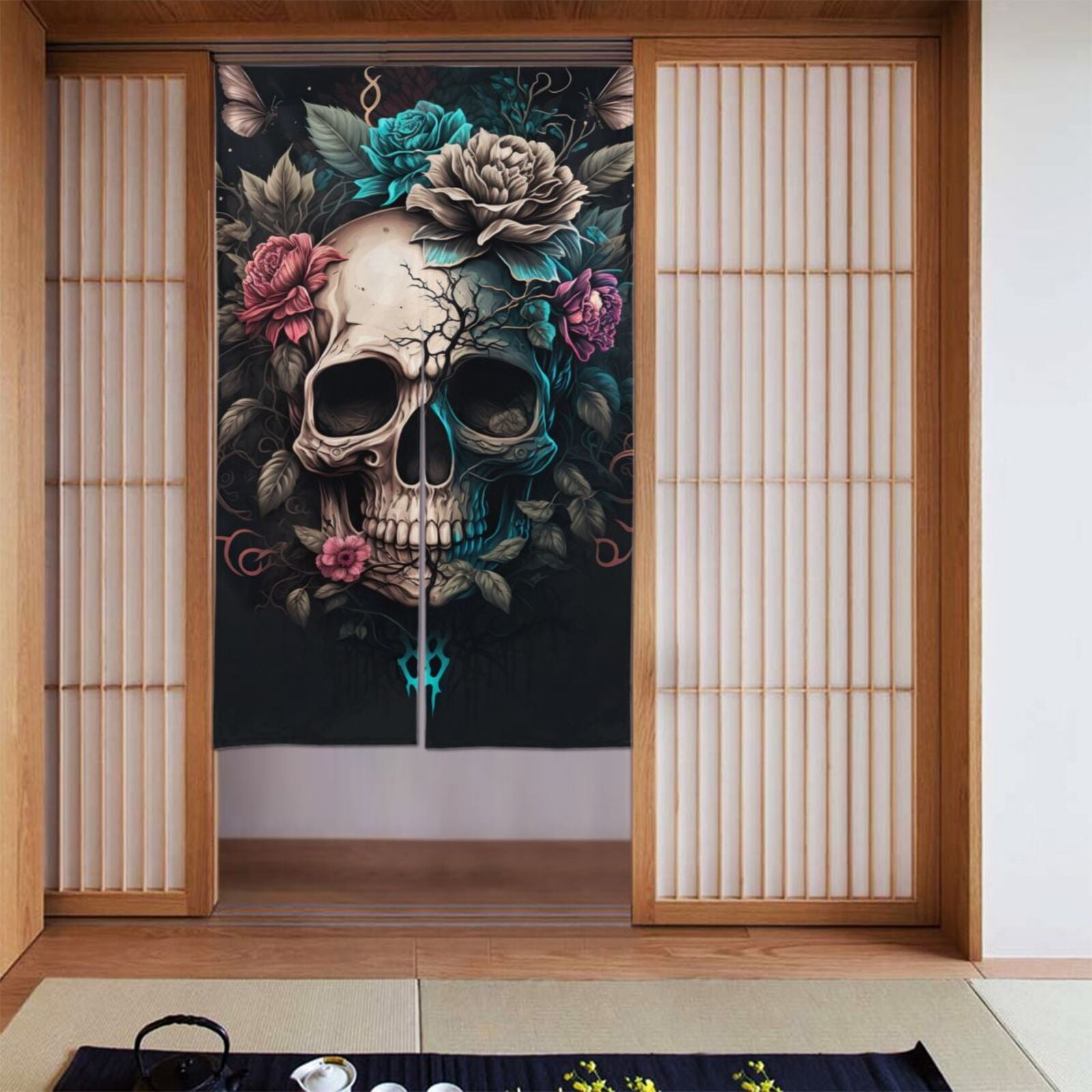 Doorway Drape Split Curtains, Boho Skull Ghost Flowers Room Divider ...