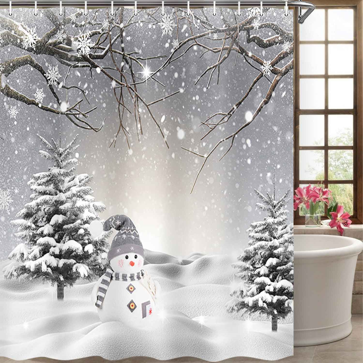 Christmas Grey Shower Curtains Winter Snowman Snowflake Snow Forest ...