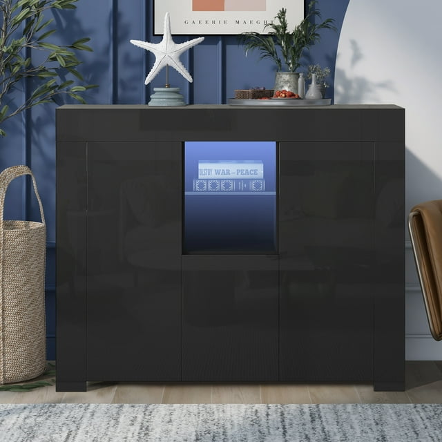 BTMWAY Black Buffet Cabinet with LED Lights, Modern High Gloss Kitchen ...