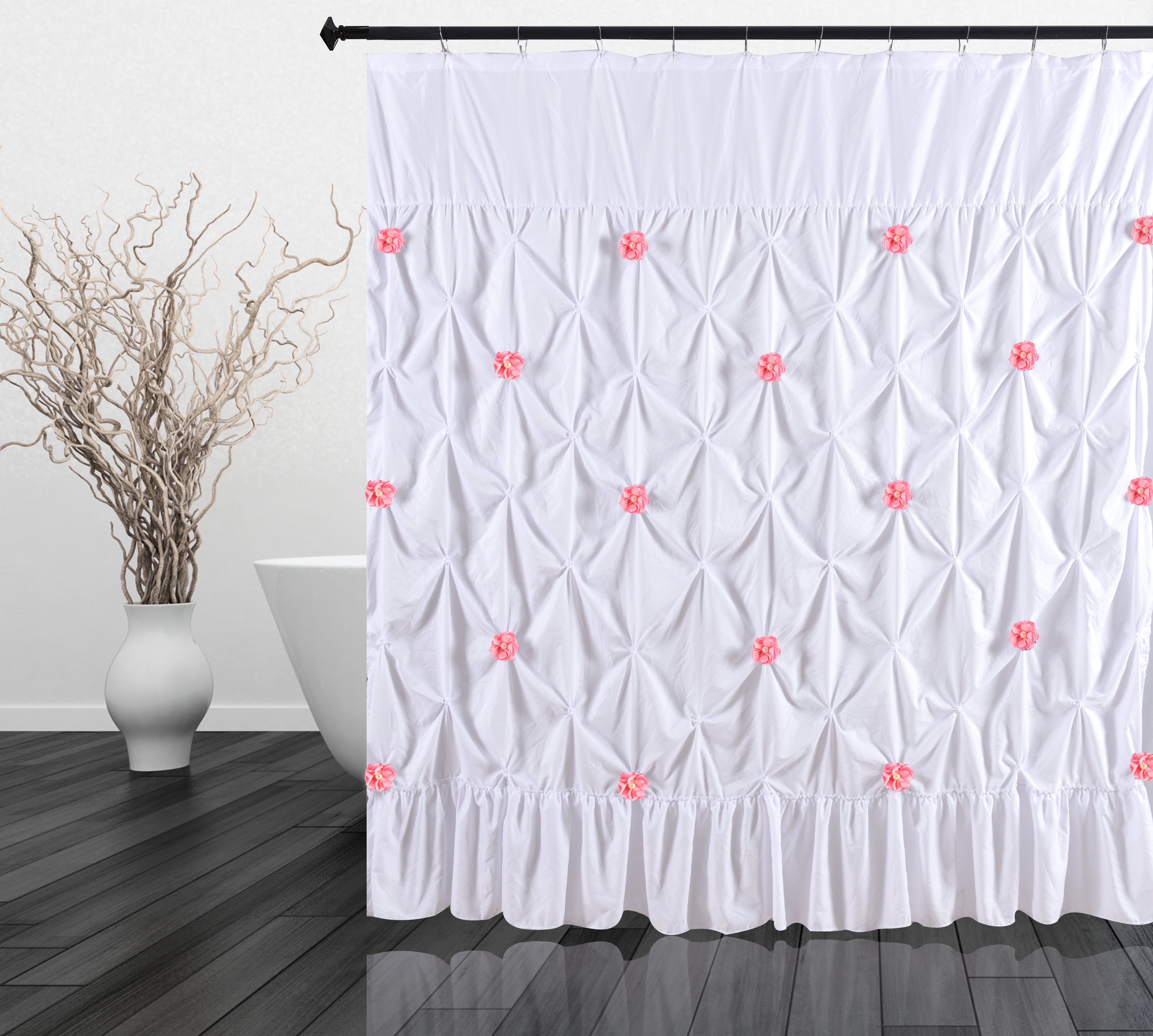 SPRING HOME PINCHED PLEAT FABRIC SHOWER CURTAIN WHITE PINK FLOWER ...