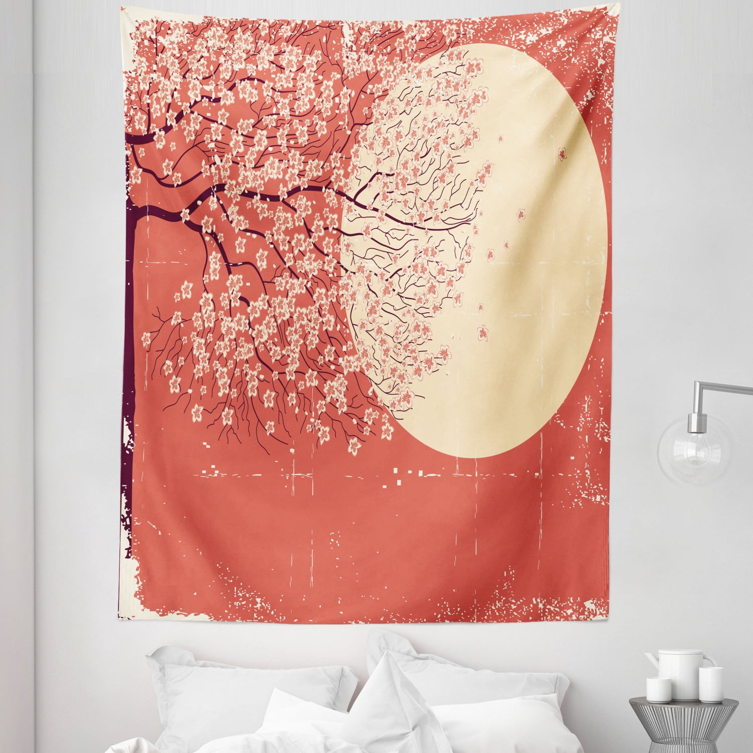 Japanese Tapestry, Cherry Blossom Sakura Tree Branches on Moon Japanese ...