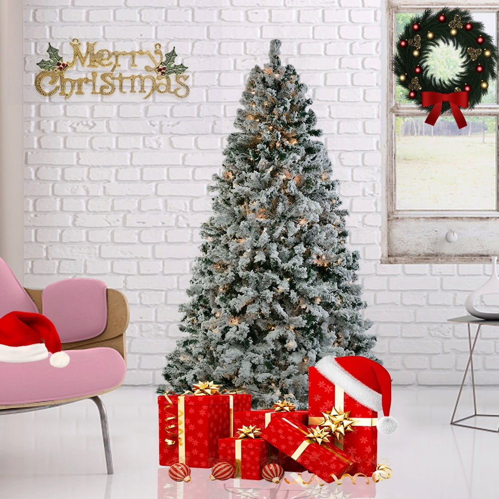UBesGoo 6ft Pre-lit Flocked Christmas Tree, with Sturdy Metal Stand ...