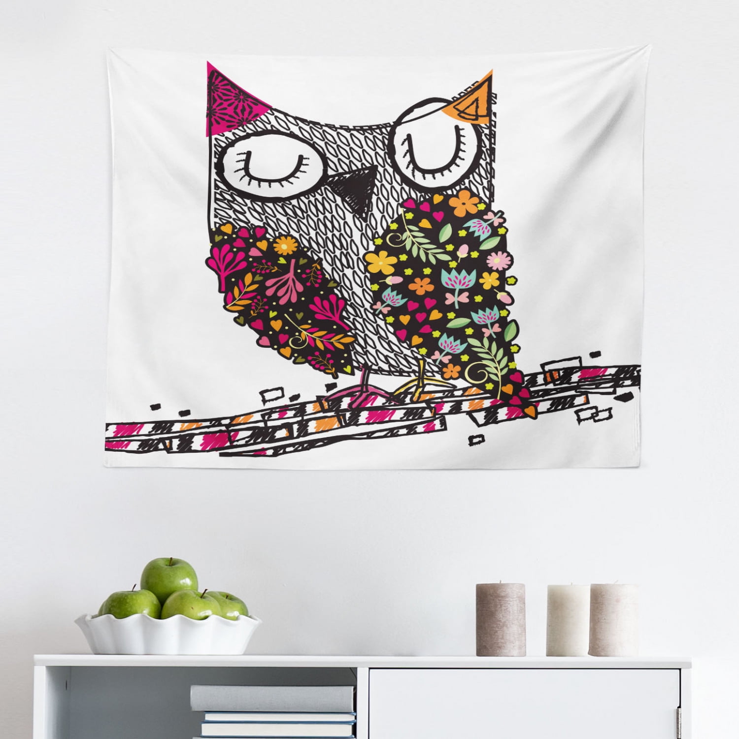Owls Tapestry, Owl Shaped by Geometric Floral Blooms Plants Patterns ...