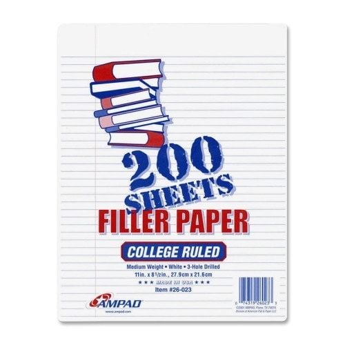 ampad filler paper, size 11 x 8 1/2 inches, white paper, college ruled ...