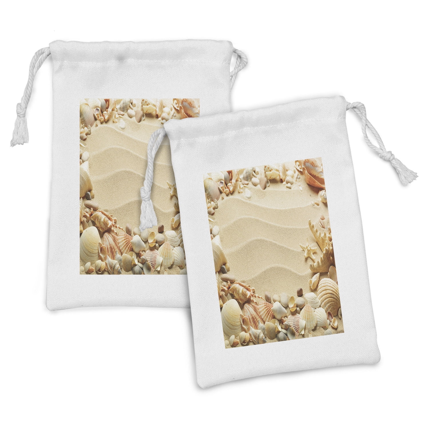 Shell Fabric Pouch Set of 2, Seashells Frame with Sand Exotic Summer ...
