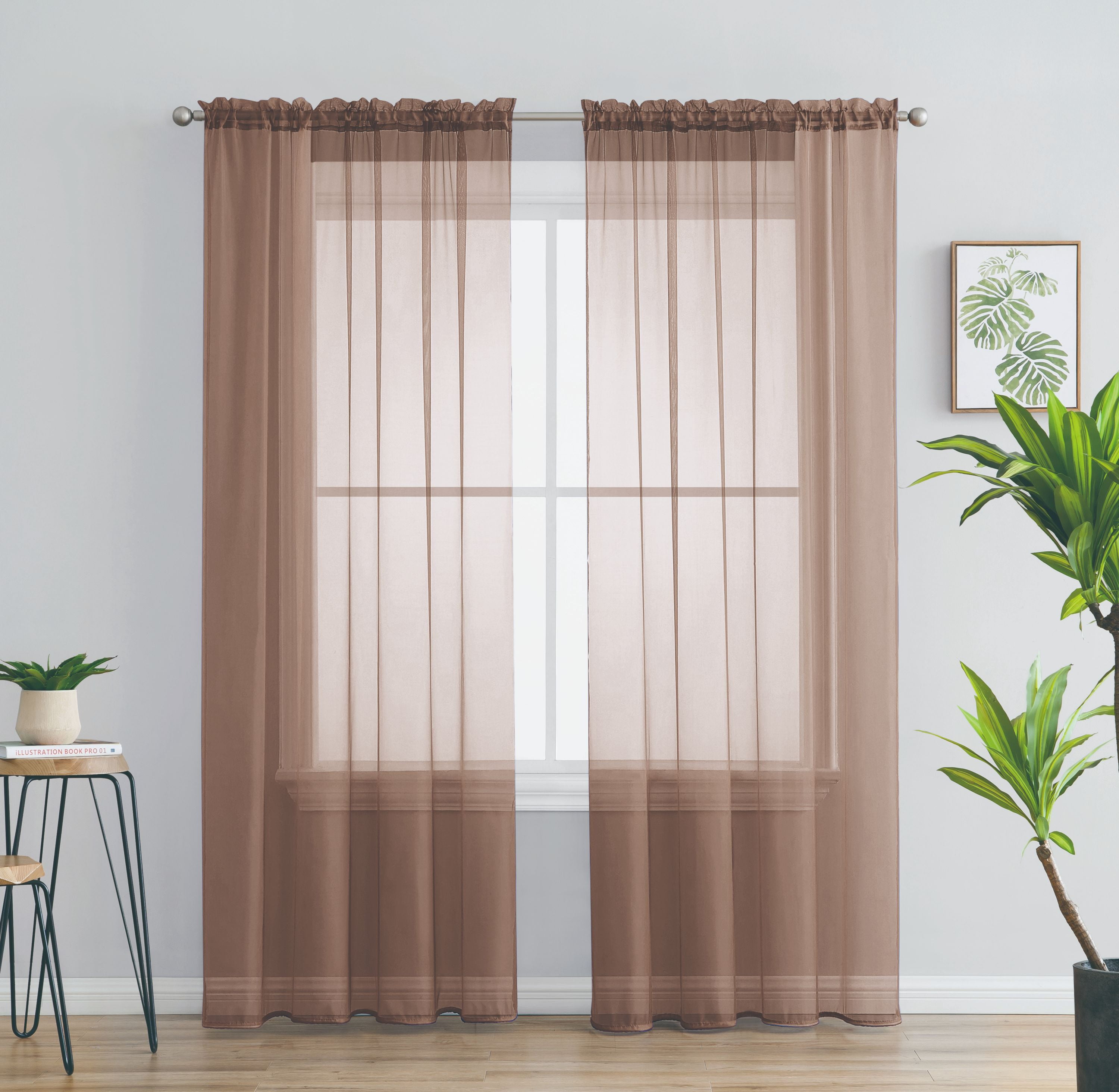 2 Piece Solid Rod Pocket Sheer Window Curtains Sheer Taupe Curtains ...