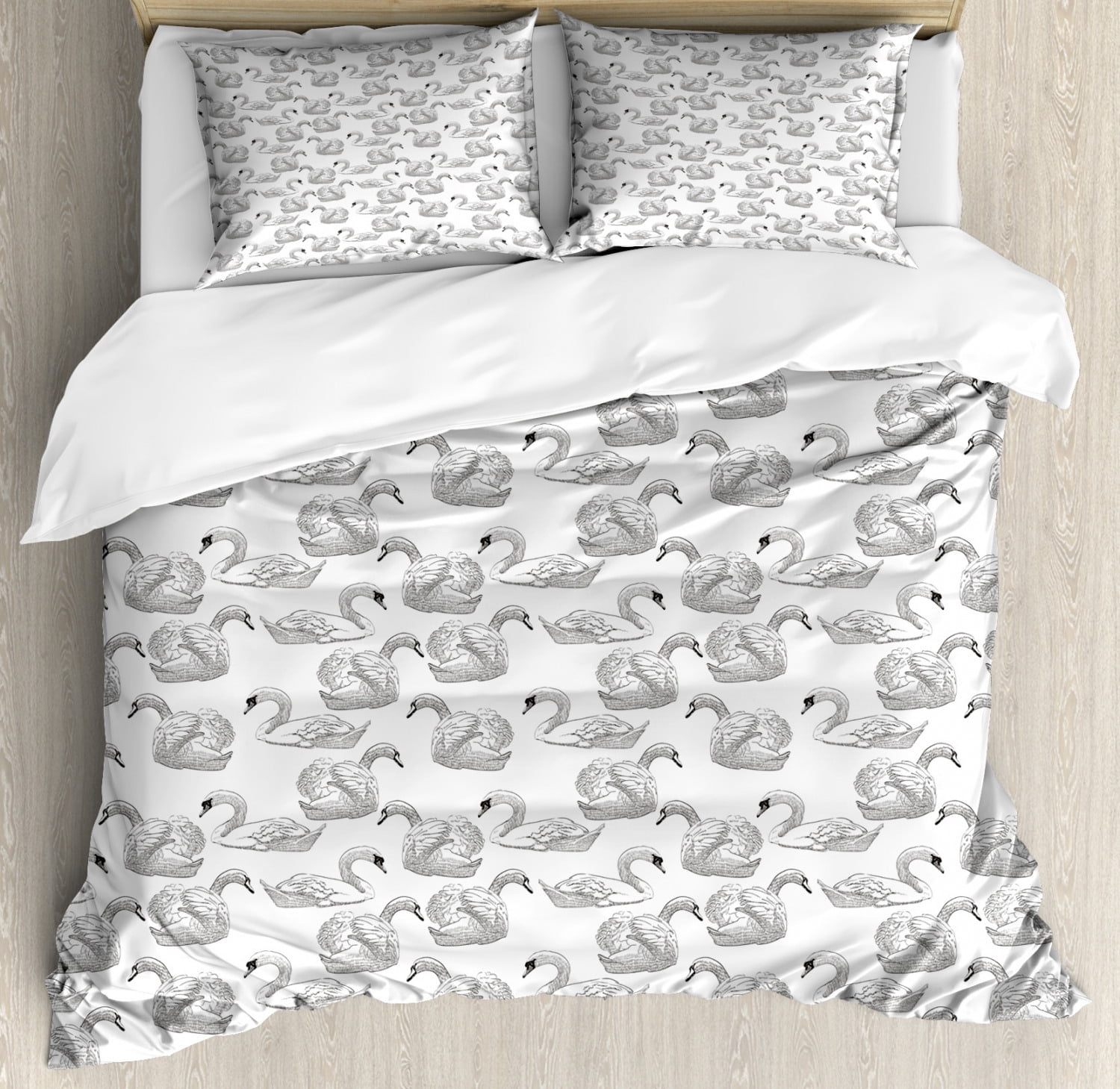 Swan Duvet Cover Set King Size, Sketch Art Pattern of Swimming ...