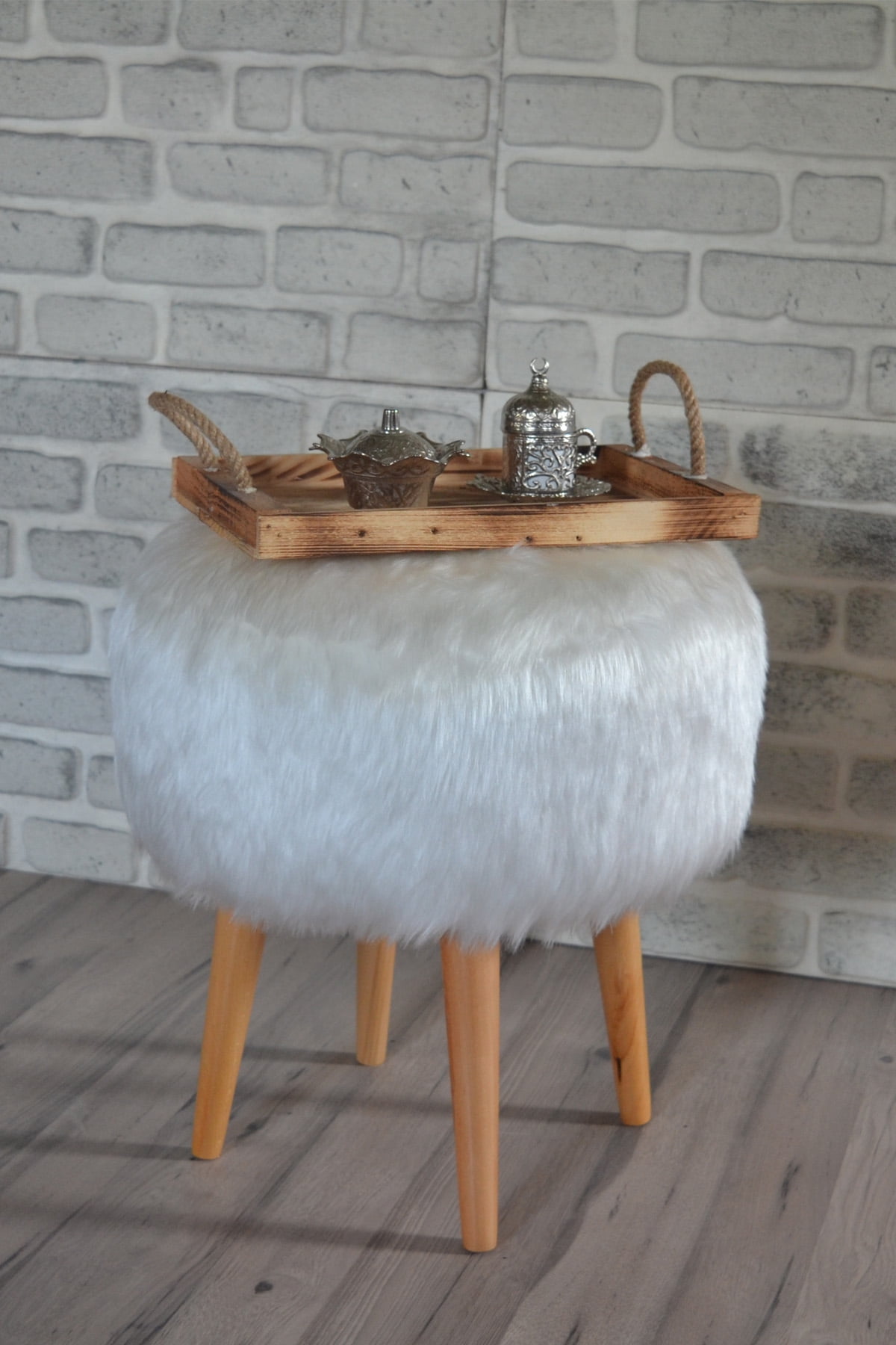 Pyramid Home Decor 17 Inch Round Faux Fur Ottoman - Fluffy Foot Stool ...