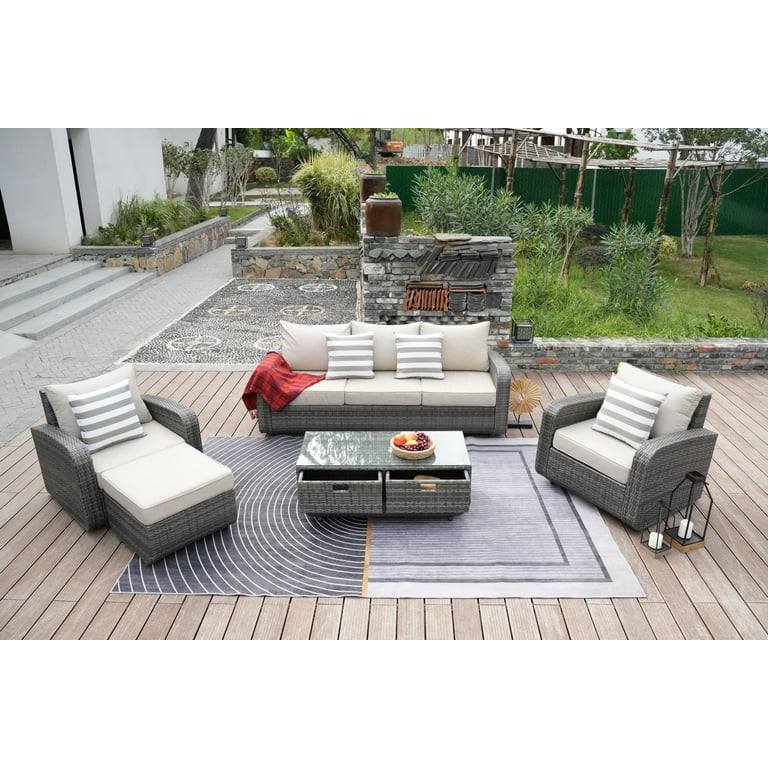 Direct Wicker 5 Piece Outdoor Furniture Rattan Sectional Sofa Set with Cushions Gray