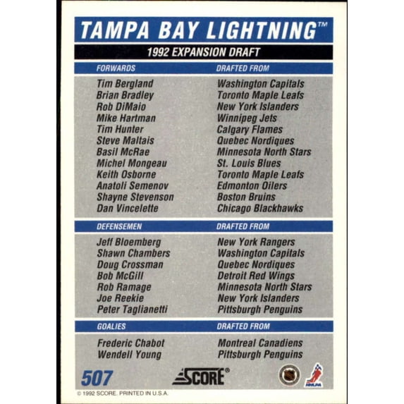 1992-93 Score Tampa Bay Lightning Team Set 5 Cards - Walmart.com