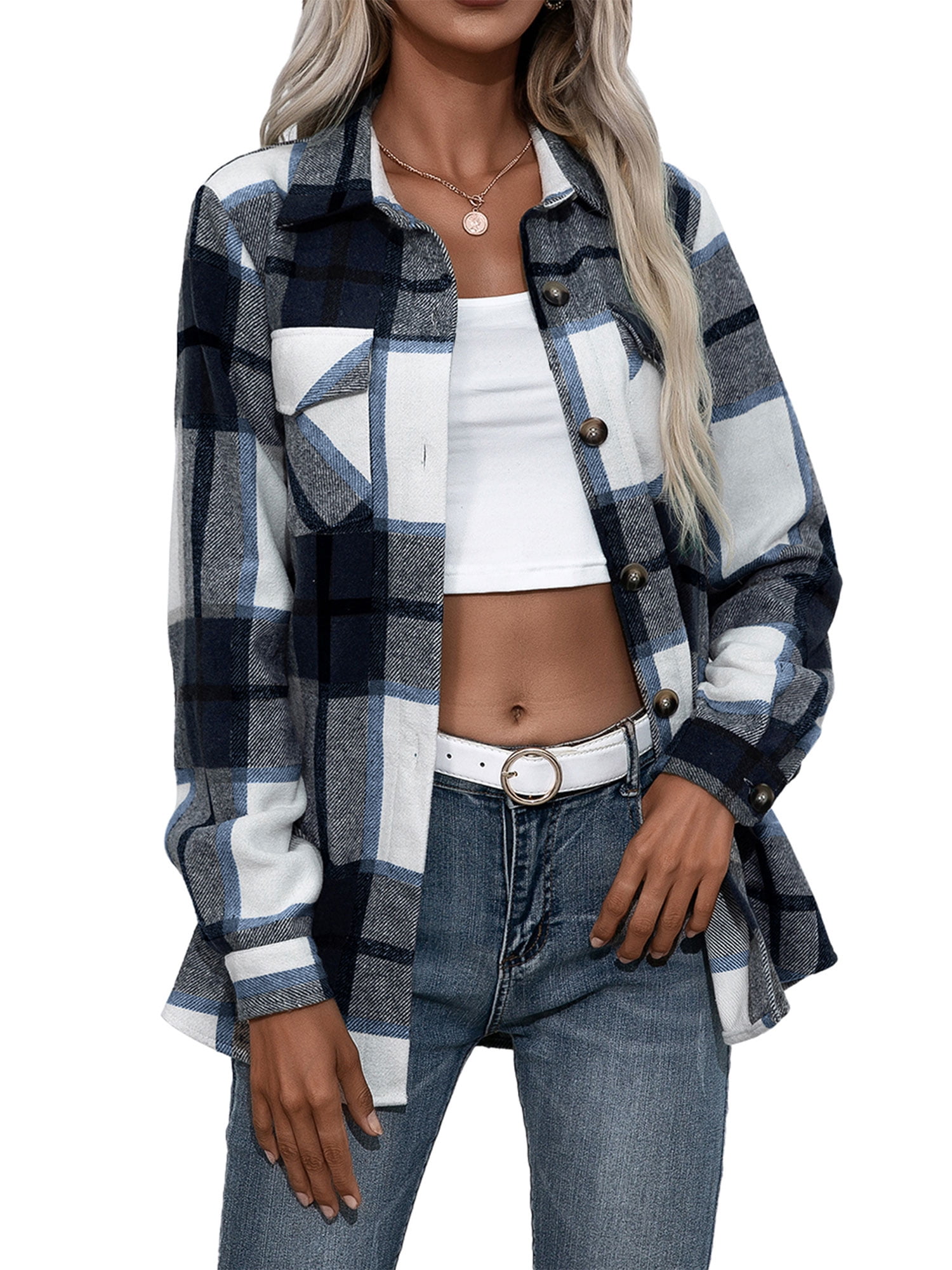 Sunisery Women's Plaid Shacket Jacket Flannel Long Sleeve Shirt Lapel ...