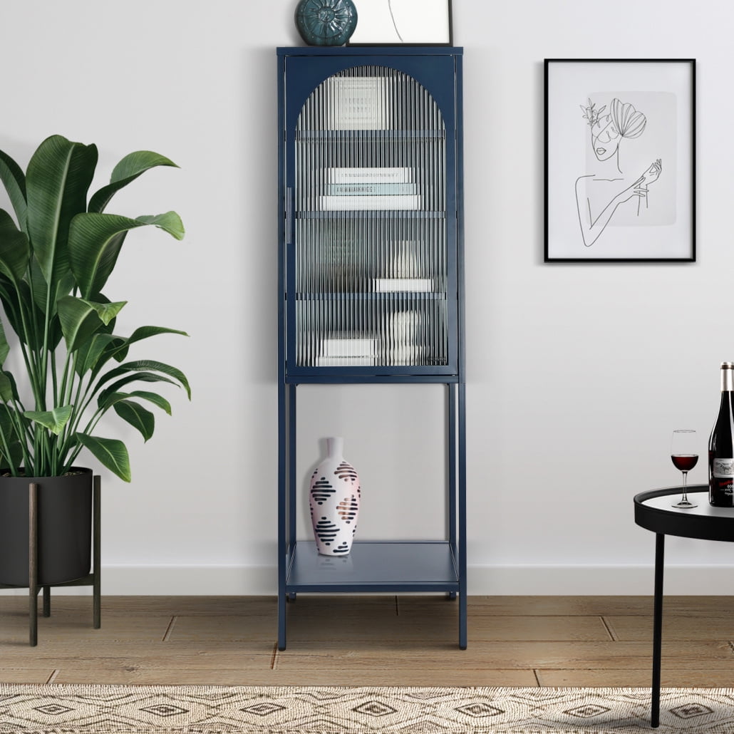Freestanding Storge Cabinet, Retro Style Tall Glass Cabinet with Single ...