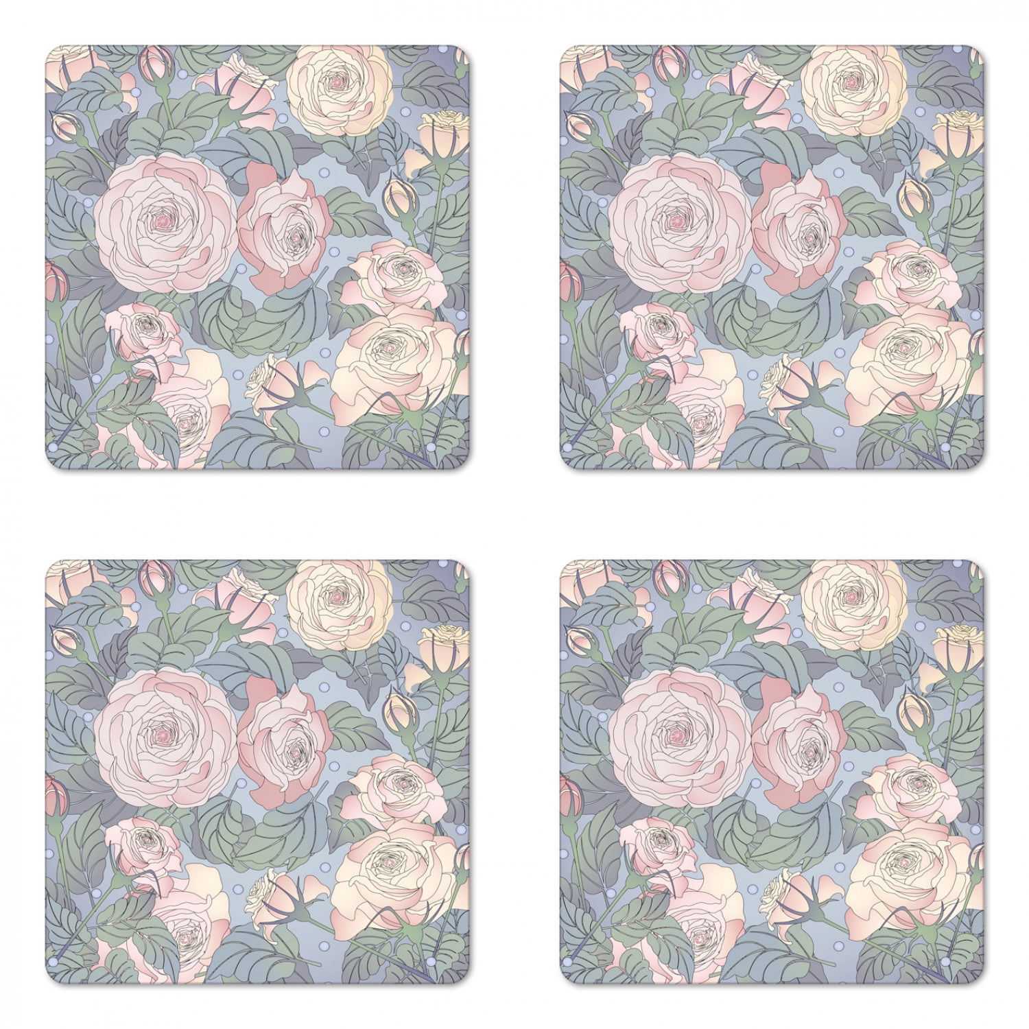 Flowers Coaster Set of 4, Floral Design Pink Roses Leaves and ...