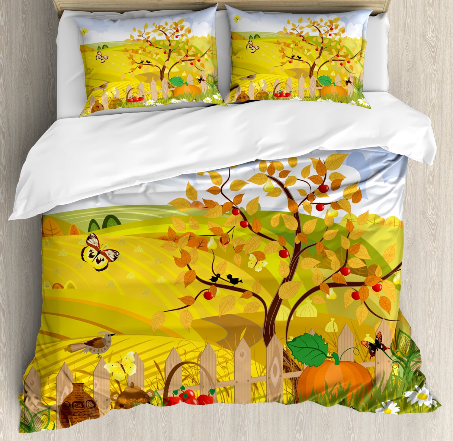 Fall Duvet Cover Set King Size, Rural Scenery with Sun Butterflies ...